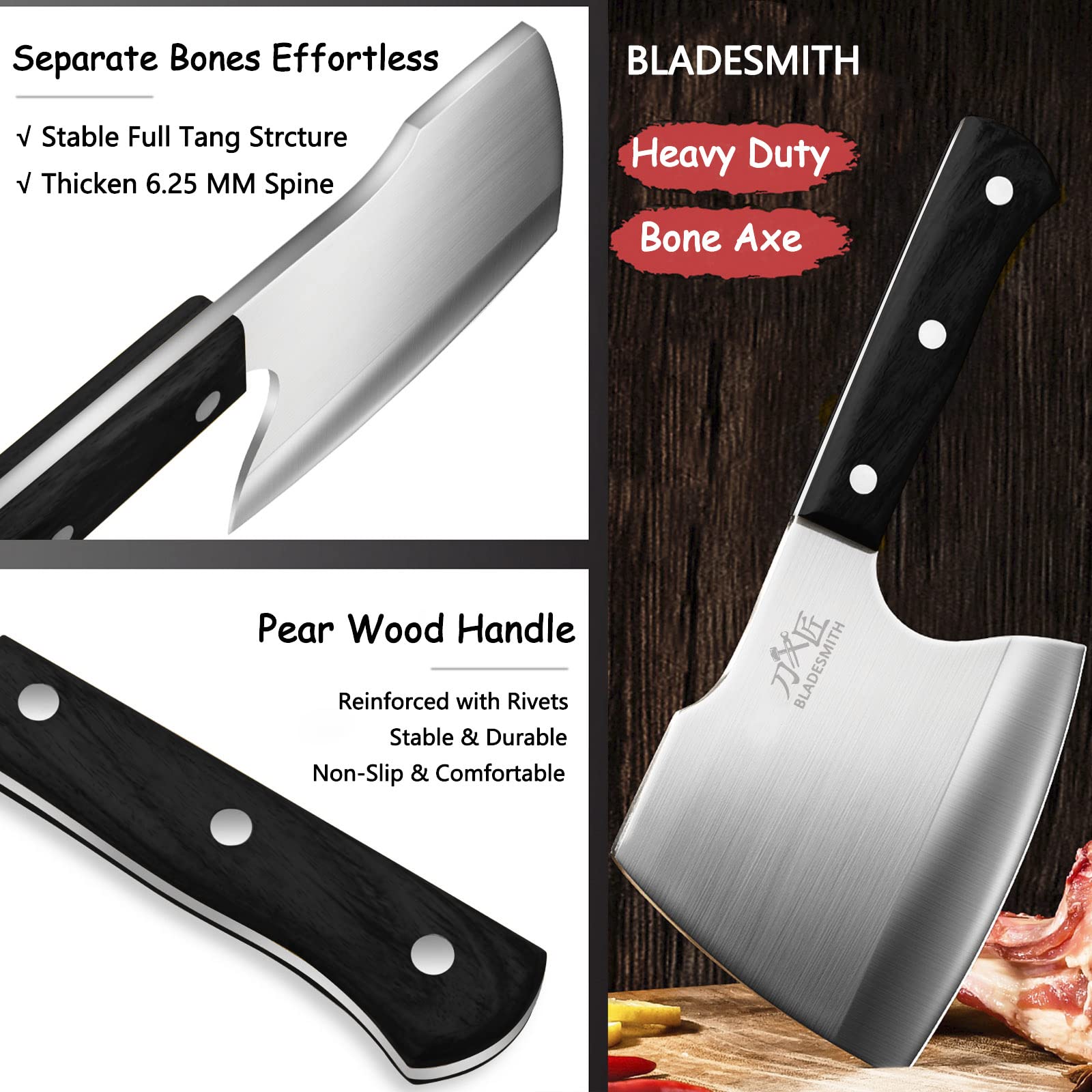 BLADESMITH Bone Knife, Super Heavy Duty Meat Cleaver for Big Bones and beef bones, Axe Blade Shape, 2lbs -7mm Thickness high Carbon Steel, Black wood Handle,2023 Gifts