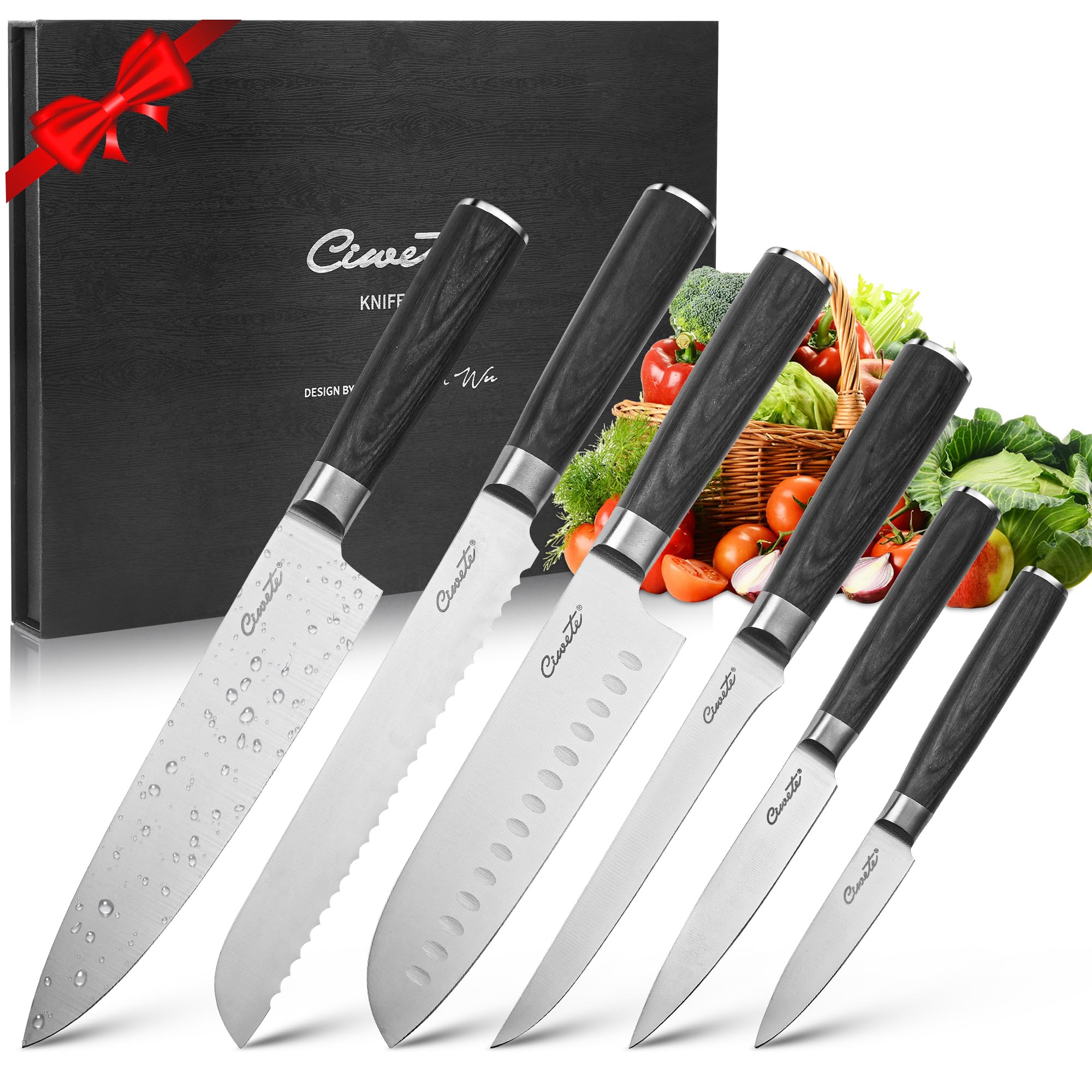 ciwete Chef Knife Set, 6-Piece Kitchen Knife Set with Upgrade 3CR13 Stainless Steel Ultra Sharp Blades, Knives Set with Well Balanced Wood Handle, Chefs Knife Set with Gift Box