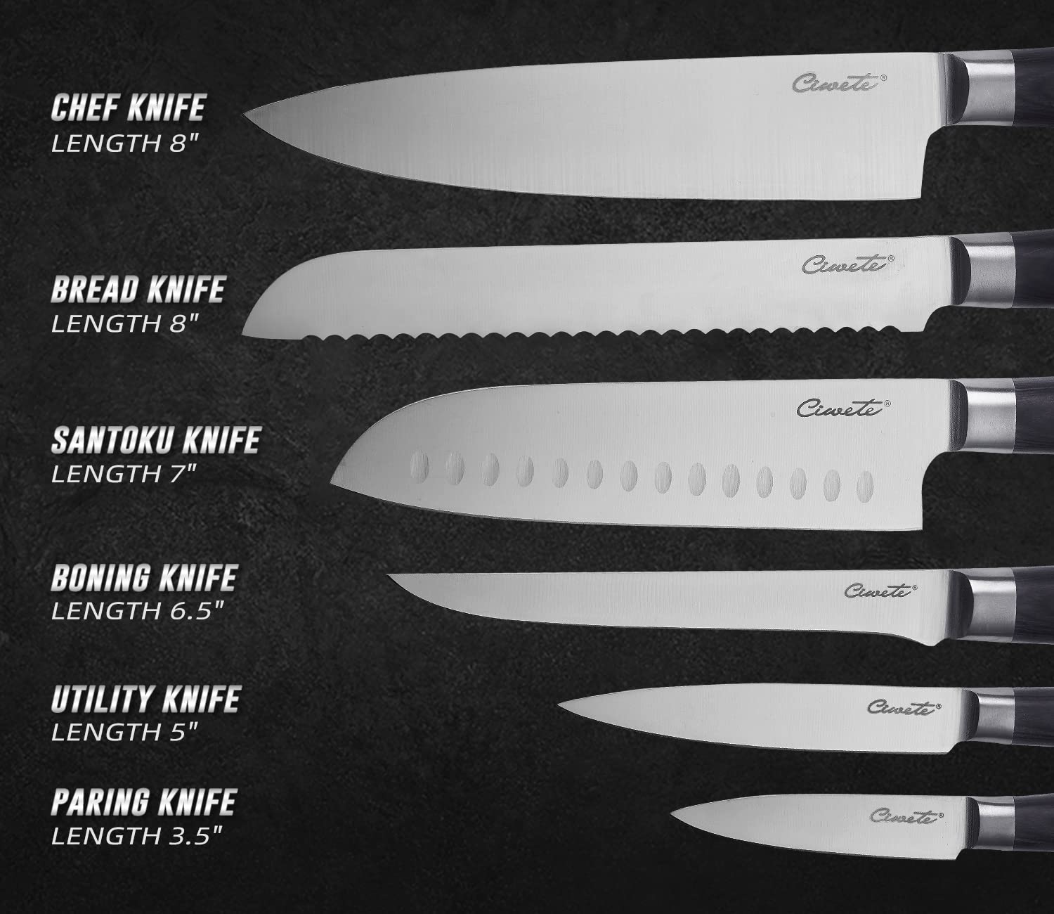 ciwete Chef Knife Set, 6-Piece Kitchen Knife Set with Upgrade 3CR13 Stainless Steel Ultra Sharp Blades, Knives Set with Well Balanced Wood Handle, Chefs Knife Set with Gift Box