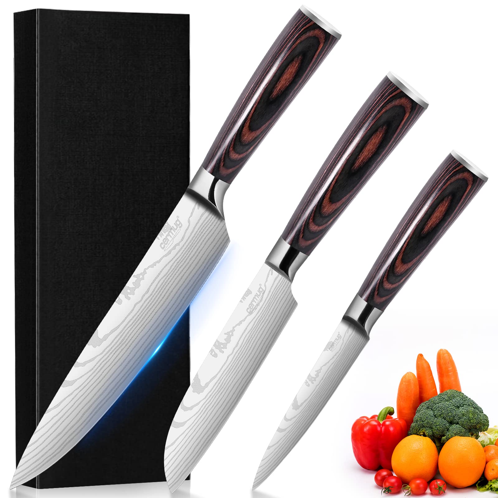 3Pcs Professional Chef Knife Set, German High Carbon Stainless Steel Chef Knife Santoku Knife Paring Knife with Pakkawood Handle and Gift Box