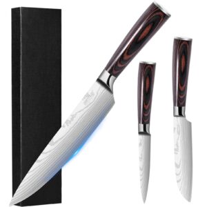 3Pcs Professional Chef Knife Set, German High Carbon Stainless Steel Chef Knife Santoku Knife Paring Knife with Pakkawood Handle and Gift Box