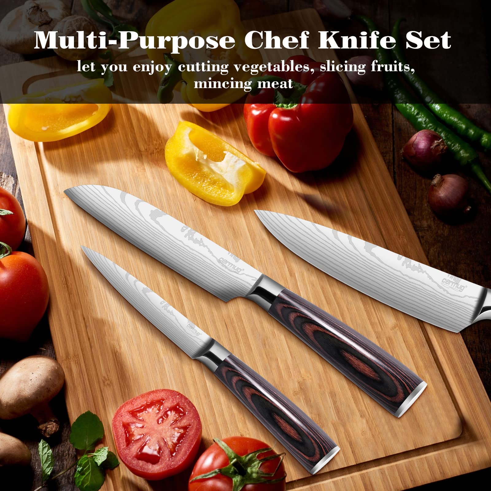 3Pcs Professional Chef Knife Set, German High Carbon Stainless Steel Chef Knife Santoku Knife Paring Knife with Pakkawood Handle and Gift Box