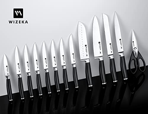 WIZEKA Knife Set, NSF Certified 15pcs Kitchen Knife Set, 1.4116 German Stainless Steel Knife Sets for Kitchen With Block, Full Tang Design&Comfortable Anti-Slip Handle, Black Knight Series