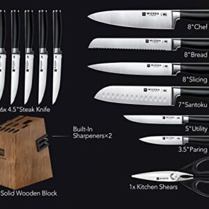 WIZEKA Knife Set, NSF Certified 15pcs Kitchen Knife Set, 1.4116 German Stainless Steel Knife Sets for Kitchen With Block, Full Tang Design&Comfortable Anti-Slip Handle, Black Knight Series