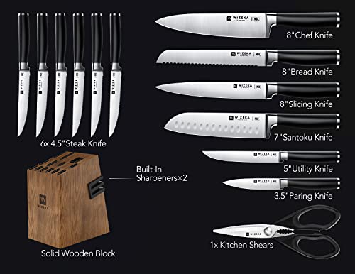 WIZEKA Knife Set, NSF Certified 15pcs Kitchen Knife Set, 1.4116 German Stainless Steel Knife Sets for Kitchen With Block, Full Tang Design&Comfortable Anti-Slip Handle, Black Knight Series