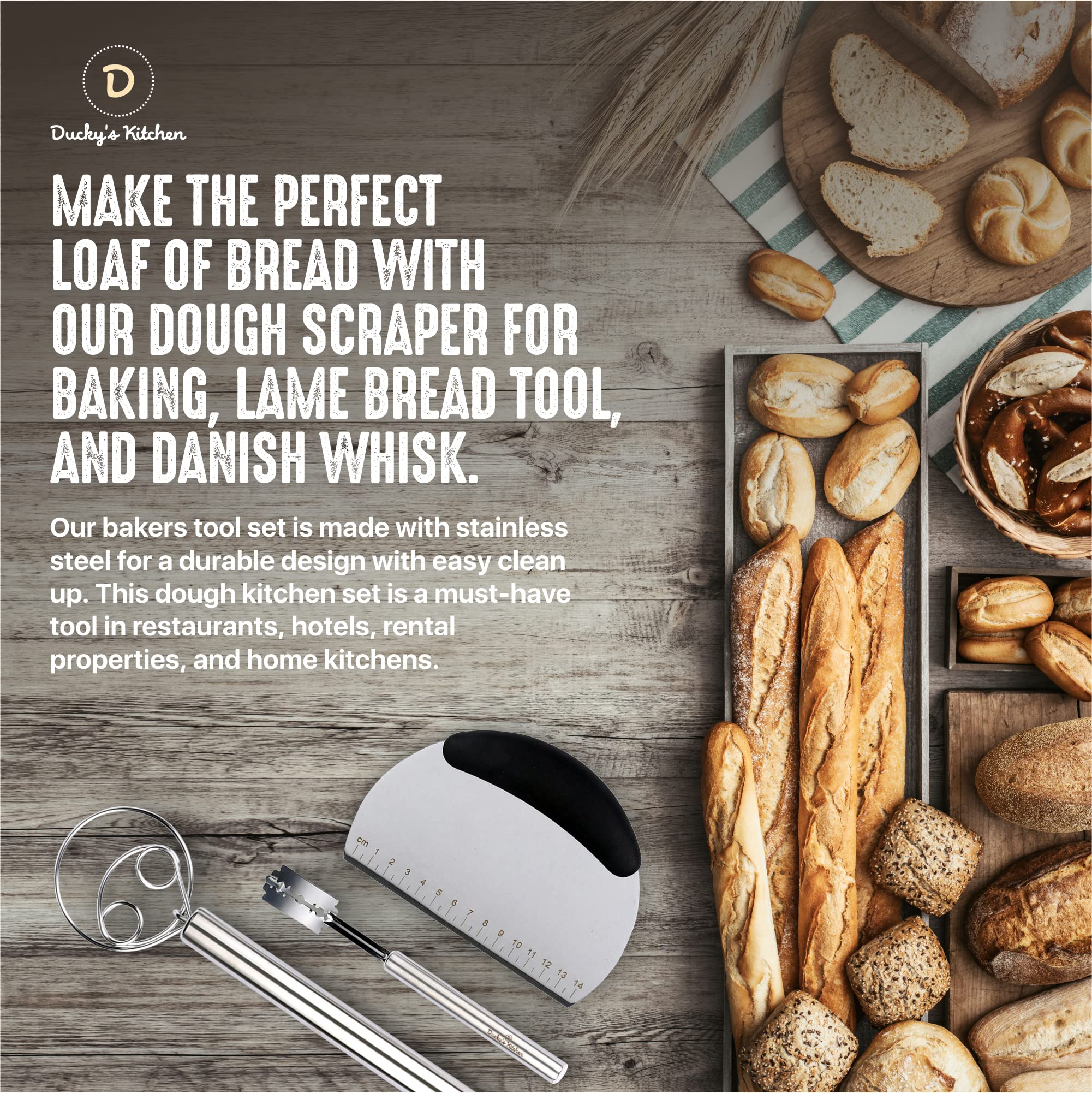 Ducky's Kitchen Bread Baking Tools and Accessories w/Dough Scraper, Bread Lame, Dough Whisk - Stainless Steel Bread Tools - Bread Scoring Knife w/ 5 Replaceable Blades