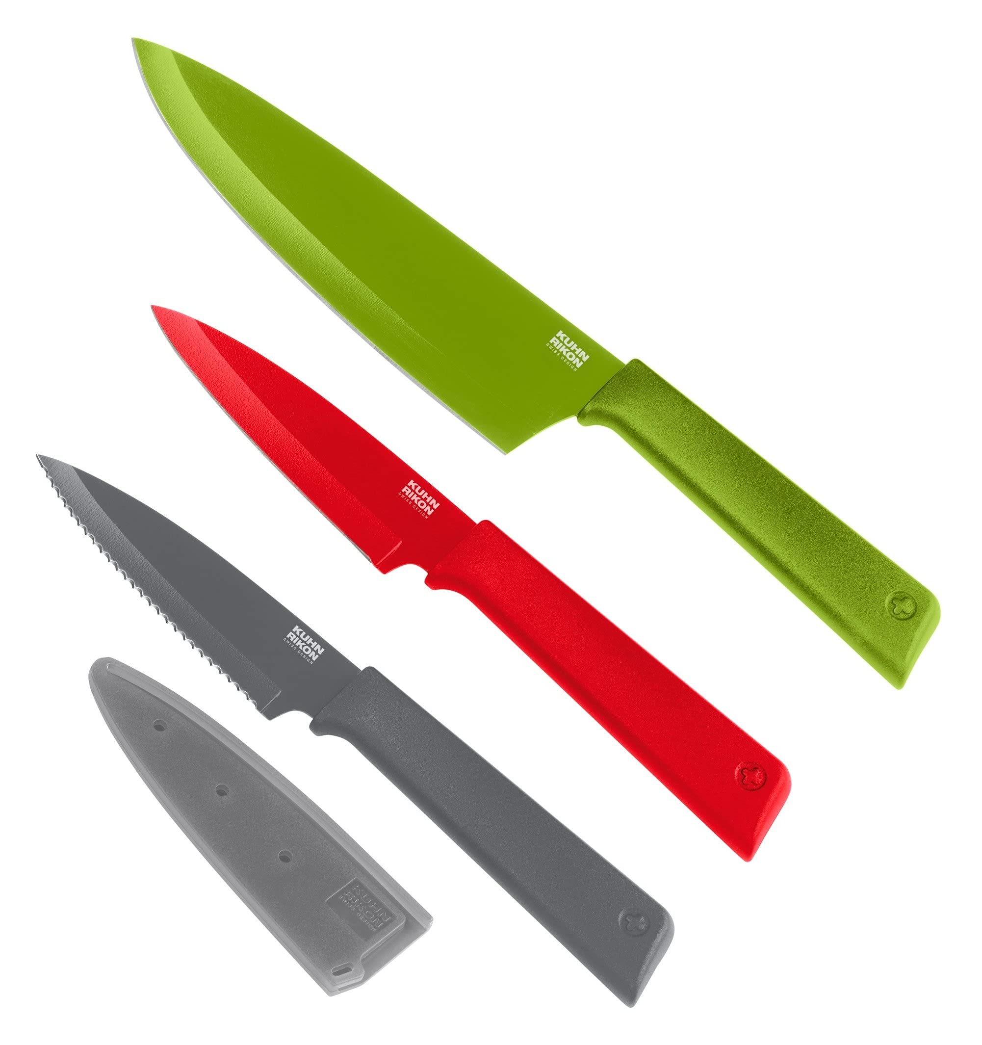 Kuhn Rikon COLORI+ Mixed Knife Set with Non-Stick Coating and Safety Sheaths, Set of 3, Green, Red and Dark Grey