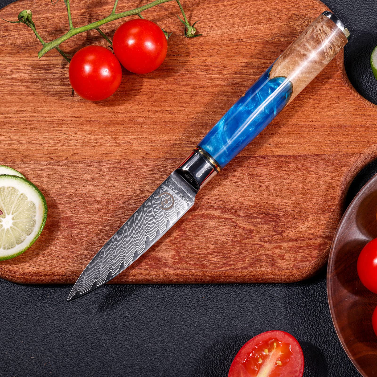 Fukep Paring Knife 3.5 Inch Damascus Paring Knife Small Fruit Knife Ultra Sharp Damascus VG10 Core Steel with 66 Layers High Carbon Steel Classical Pattern Blue Handle