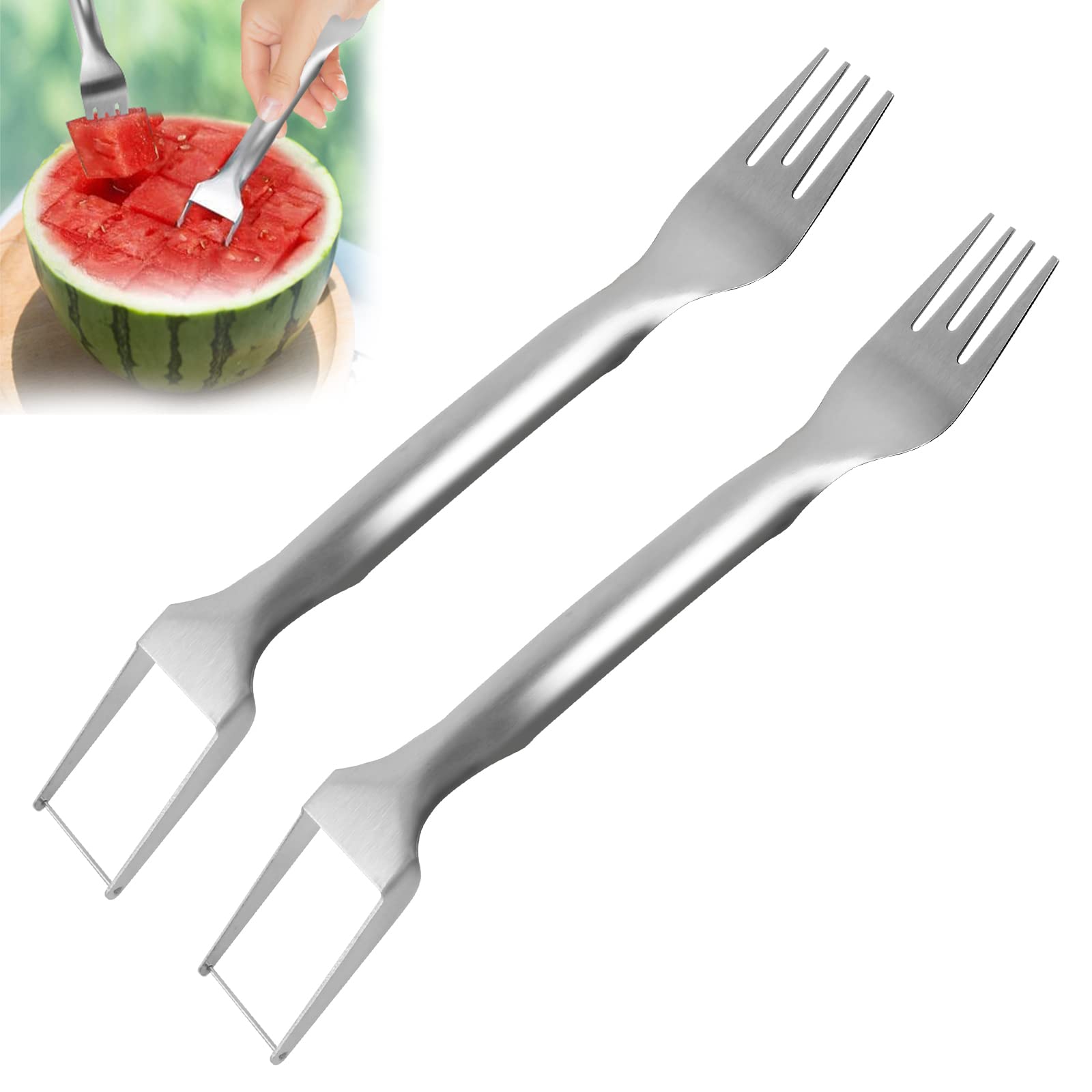 2Pcs 2-in-1 Watermelon Fork Slicer, Watermelon Slicer Cutter Stainless Steel Fruit Forks Slicer Tool for Summer Family Parties Camping Watermelon Cutting Artifact