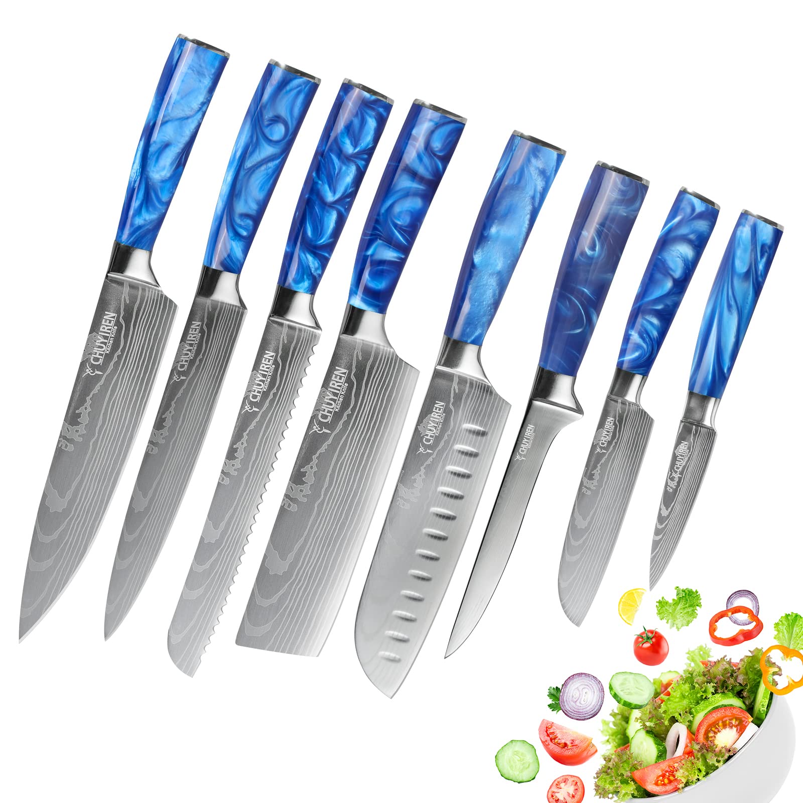 CHUYIREN Chef Knife Set of 8, Professional Kitchen Knife Set for Daily Use, High Carbon Steel Culinary Knives Set for Household Blade Length Varies From 3.5 Inches to 8 Inches, Blue, Valentines Day