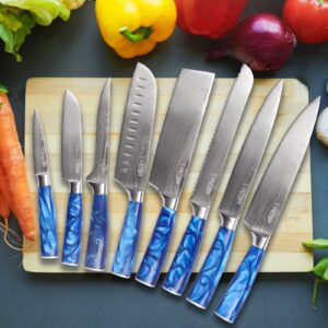 CHUYIREN Chef Knife Set of 8, Professional Kitchen Knife Set for Daily Use, High Carbon Steel Culinary Knives Set for Household Blade Length Varies From 3.5 Inches to 8 Inches, Blue, Valentines Day