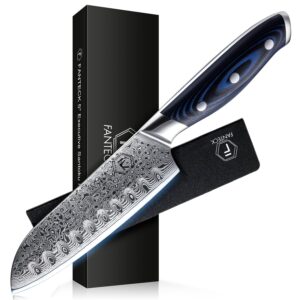 fanteck santoku knife 5 inch damascus japanese steel kitchen knife,vg10 67-layer high carbon full tang best chef santoku knives for pro chef&restaurant, blue g10 handle,gift box&sheath