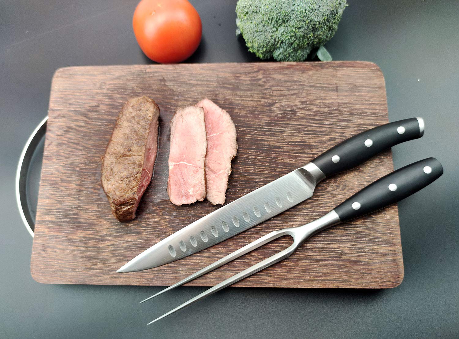 Carving Knife and Fork Set - with 8" Carving Knife &8" Straight Metal Fork Triple-Rivet German Steel Forged Kitchen Carving Set, Professional Meat Carving Knife Gourmet BBQ Tool Set