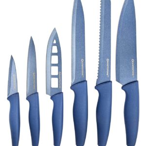 Granitestone Nutriblade Knife Set, High Grade Professional Chef Kitchen Knives Set, Knife Sets Toughened Stainless Steel w Nonstick Mineral Coating, Blue, 6 Piece…