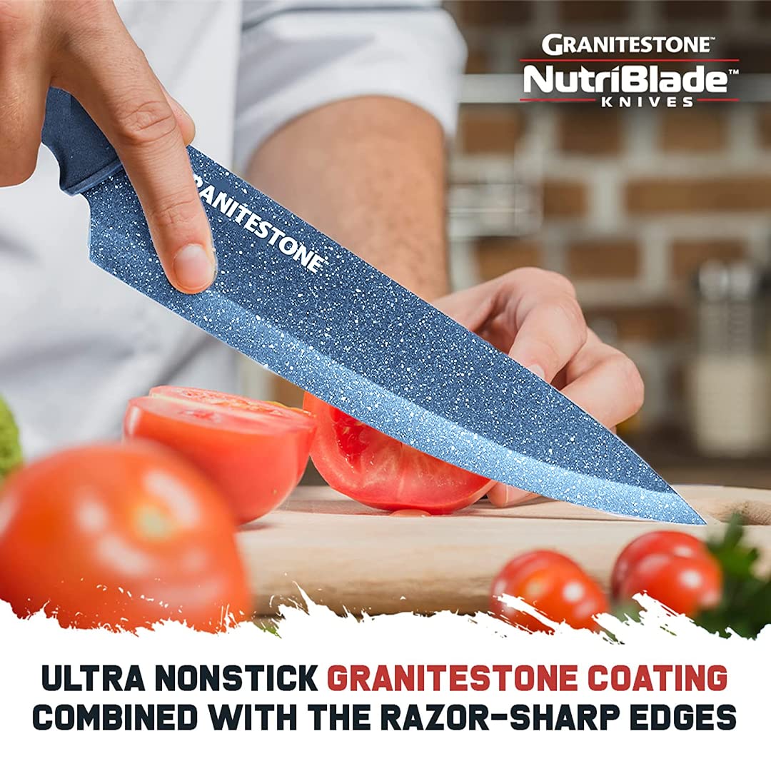 Granitestone Nutriblade Knife Set, High Grade Professional Chef Kitchen Knives Set, Knife Sets Toughened Stainless Steel w Nonstick Mineral Coating, Blue, 6 Piece…