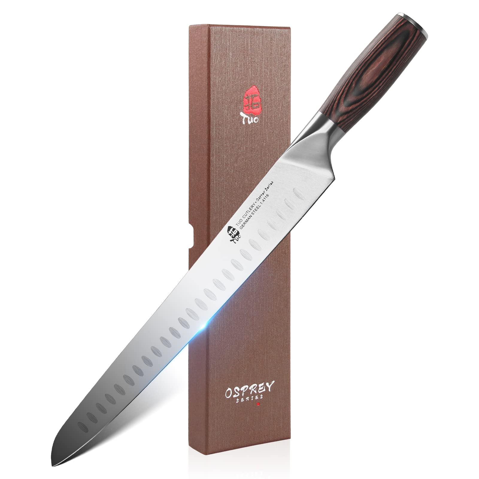 TUO 12 inch Slicing Carving Knife - Ultra Sharp Kitchen Long Slicer for Meat and Vegetable - German HC Stainless Steel Granton Edge- Ergonomic Pakkawood Handle with Gift Box - Osprey Series