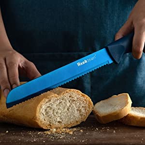 Wanbasion Blue 8 Inch Serrated Bread Knife, kitchen Bread Knife Serrated with Sheath, Stainless Steel Bread Knife for Homemade Bread Cake