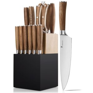 kangdelun natura series 15 pcs knife block set, ultra sharp high carbon stainless steel with wooden handle