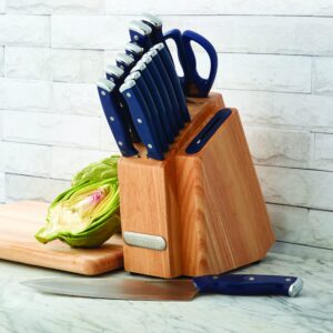 Farberware Edgekeeper Triple Riveted Slim Knife Block Set with Built in Sharpener, 14-Piece, Navy