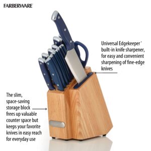 Farberware Edgekeeper Triple Riveted Slim Knife Block Set with Built in Sharpener, 14-Piece, Navy