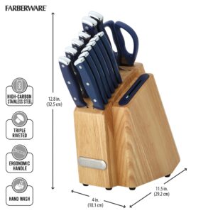 Farberware Edgekeeper Triple Riveted Slim Knife Block Set with Built in Sharpener, 14-Piece, Navy