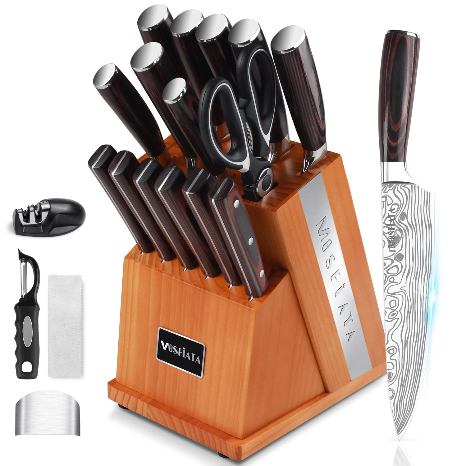 MOSFiATA Knife Set-21Pcs Kitchen Knife Set with Knife Holder & Sharpener, German High Carbon Stainless Steel Chef knife set with Handle colored wood