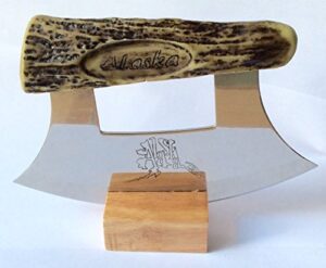 alaska ulu cultured antler with etched alaska design stainless blade