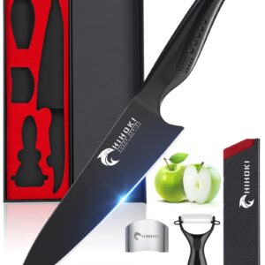 HiHoKi 8.5" Super Sharp Chef's Knife with Sheath - Black Shark Series-German High Carbon 1.4116 Stainless Steel -Pro Kitchen Cooking Knife, BO Oxidation, No Rust, Peeler, Sharpener & Gift Box Included