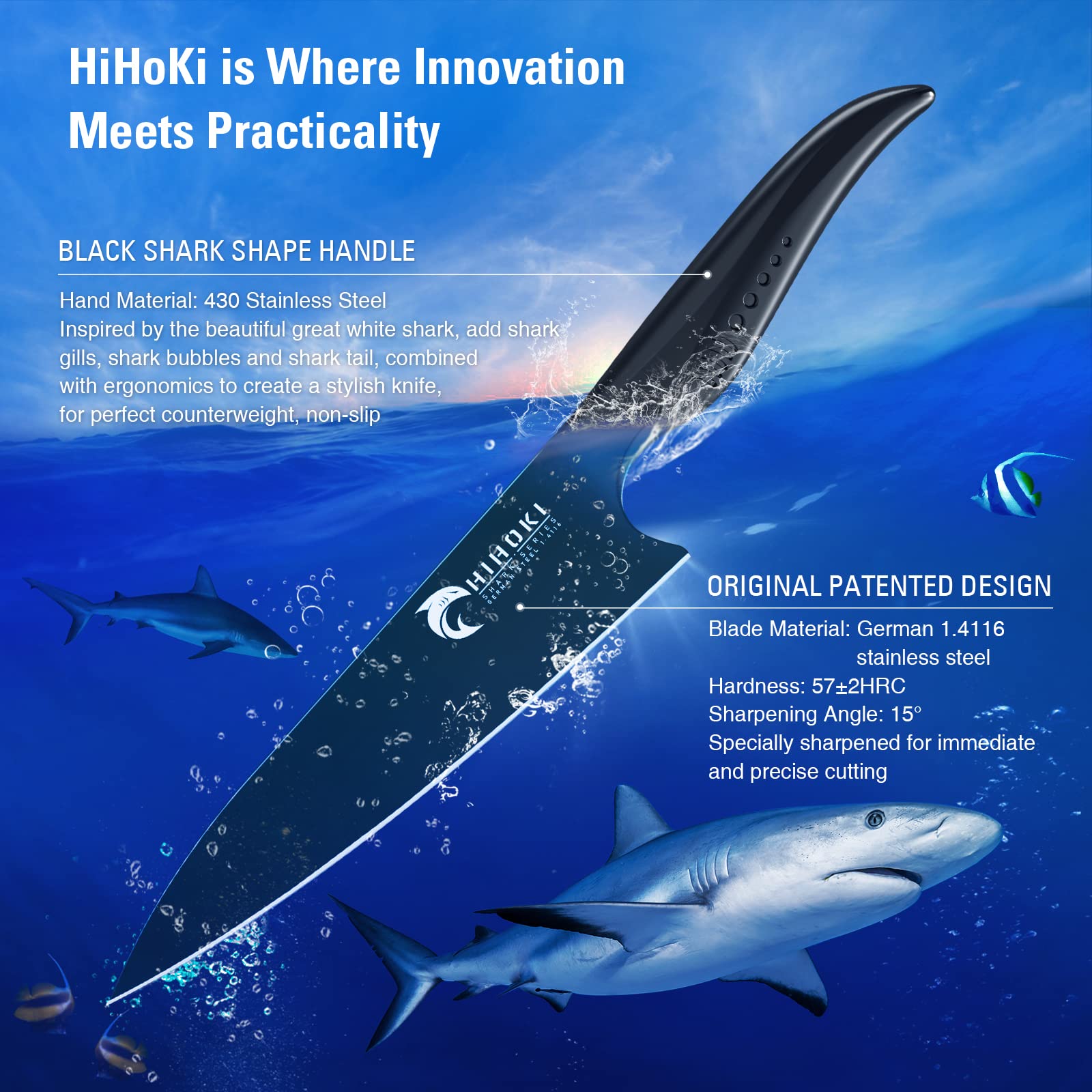 HiHoKi 8.5" Super Sharp Chef's Knife with Sheath - Black Shark Series-German High Carbon 1.4116 Stainless Steel -Pro Kitchen Cooking Knife, BO Oxidation, No Rust, Peeler, Sharpener & Gift Box Included