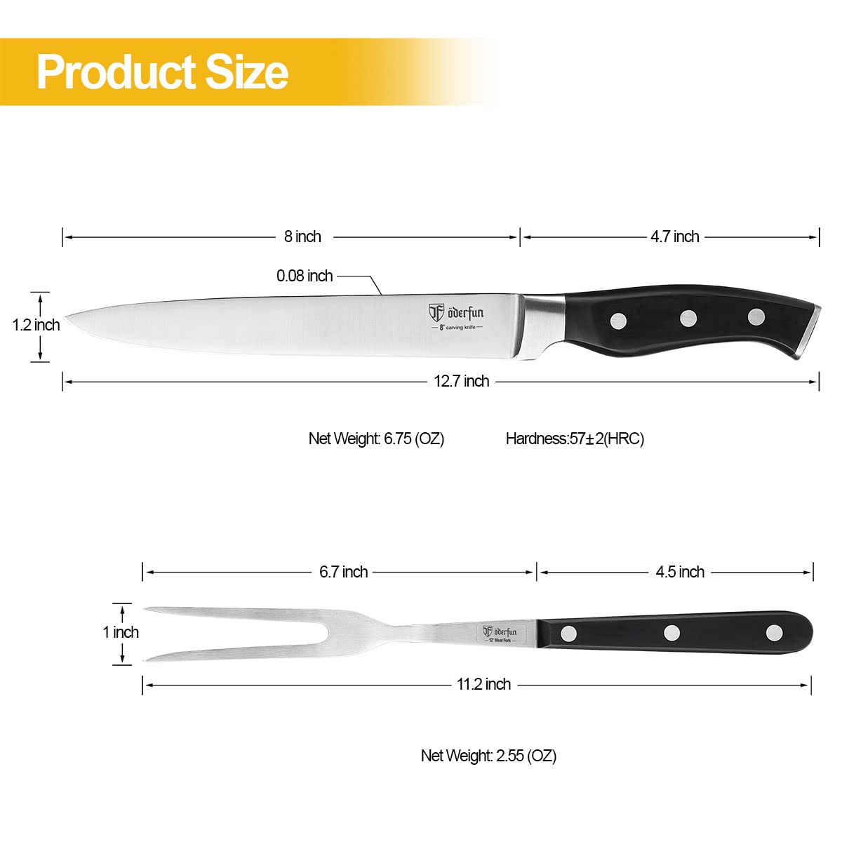 ODERFUN Carving Knife, Classic 2-Piece 8 Inch German Stainless Steel Slicing Knife and Fork Set with Ergonomic & Full Tang Handle, Kitchen Knives for Turkey, Ham, BBQ, Meat, Brisket