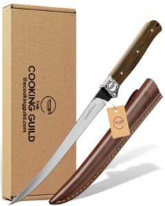 the cooking guild professional fillet knife fishing - 7" high carbon stainless steel boning knife for meat & fish - deboning knife filet set incl. leather sheath for butchering