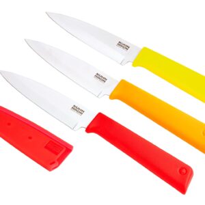 Kuhn Rikon Non-Stick Straight Paring Knife with Safety Sheath, Set of 3, 4 inch/10.16 cm Blade, Red, Orange and Yellow