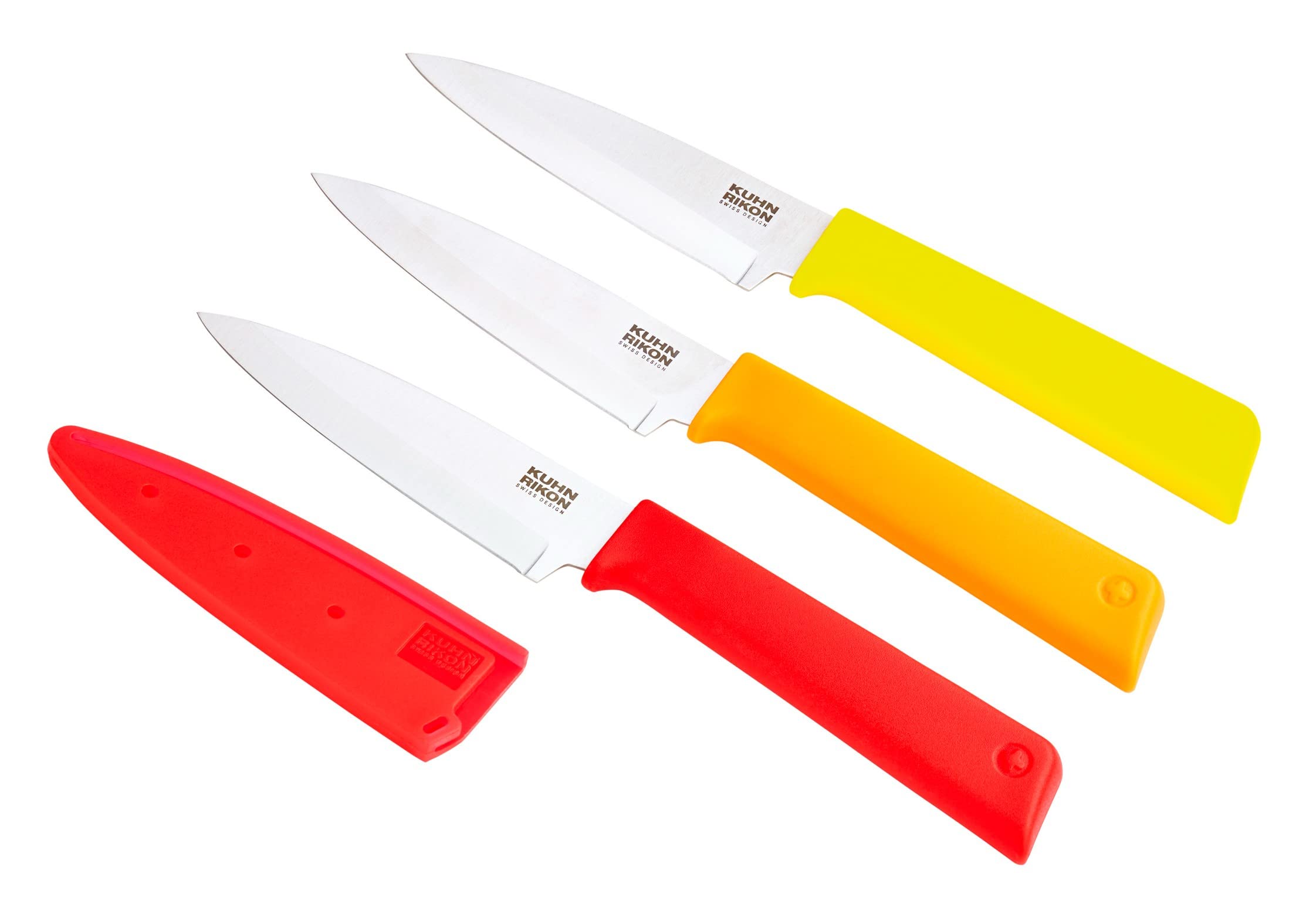 Kuhn Rikon Non-Stick Straight Paring Knife with Safety Sheath, Set of 3, 4 inch/10.16 cm Blade, Red, Orange and Yellow