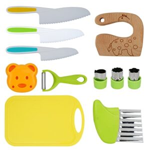 ketwod kids knifes for real cooking, 11piece toddler knife set includes wooden kid safe knife, serrated plastic kids knife set,crinkle cutter, cutting board, y paring knife。