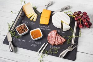 slate cheese board set with handles | 9 pcs - 12" x 16" serving tray, stainless steel cheese knife set with ceramic bowls + soapstone chalk