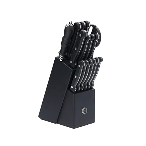 MasterChef Knife Block Set of Kitchen Knives, Large 15pc Stainless Steel Cooking Knife Collection incl. Steak Knives, Cutting Shears & Knife Sharpener with Riveted Handles in a Matte Black Holder