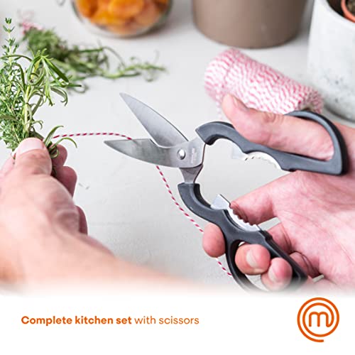 MasterChef Knife Block Set of Kitchen Knives, Large 15pc Stainless Steel Cooking Knife Collection incl. Steak Knives, Cutting Shears & Knife Sharpener with Riveted Handles in a Matte Black Holder