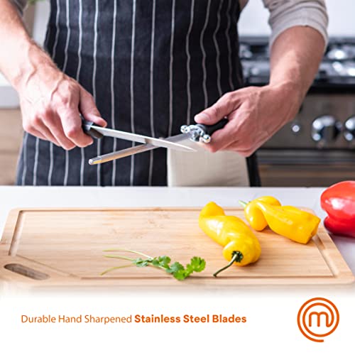 MasterChef Knife Block Set of Kitchen Knives, Large 15pc Stainless Steel Cooking Knife Collection incl. Steak Knives, Cutting Shears & Knife Sharpener with Riveted Handles in a Matte Black Holder