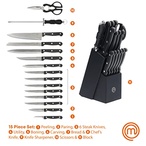 MasterChef Knife Block Set of Kitchen Knives, Large 15pc Stainless Steel Cooking Knife Collection incl. Steak Knives, Cutting Shears & Knife Sharpener with Riveted Handles in a Matte Black Holder