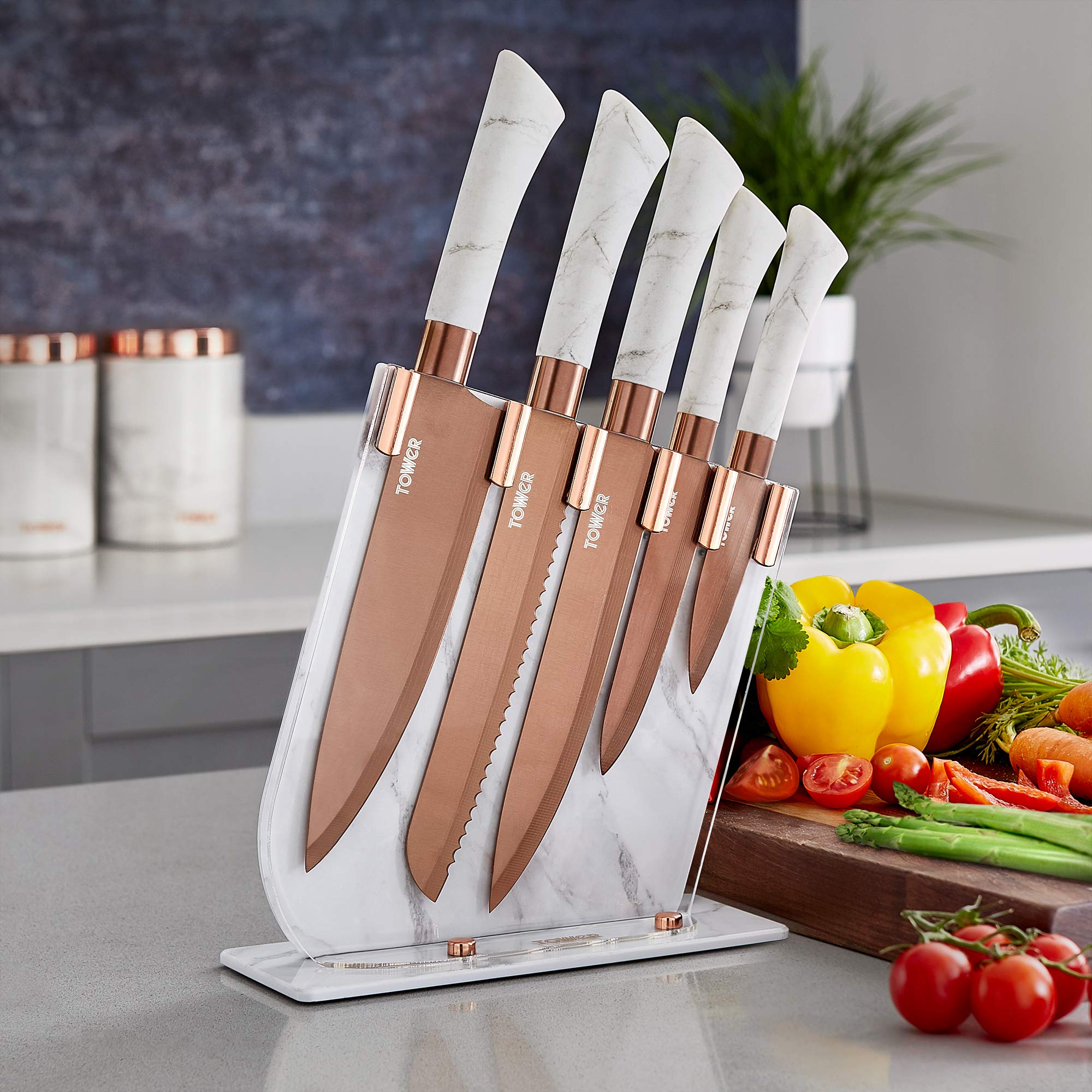 Tower T81534WR Kitchen Knife Set with Acrylic Knife Block, Stainless Steel with Soft Touch Handles, White Marble and Rose Gold, 5 Piece