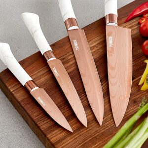 Tower T81534WR Kitchen Knife Set with Acrylic Knife Block, Stainless Steel with Soft Touch Handles, White Marble and Rose Gold, 5 Piece