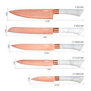 Tower T81534WR Kitchen Knife Set with Acrylic Knife Block, Stainless Steel with Soft Touch Handles, White Marble and Rose Gold, 5 Piece