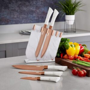 Tower T81534WR Kitchen Knife Set with Acrylic Knife Block, Stainless Steel with Soft Touch Handles, White Marble and Rose Gold, 5 Piece