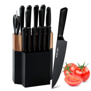 knife set, 14 piece kitchen knife set with block, chef knife set with sharpener, serrated steak knives, high carbon stainless steel knife sets bread knife cooking knives sets (senior silver)