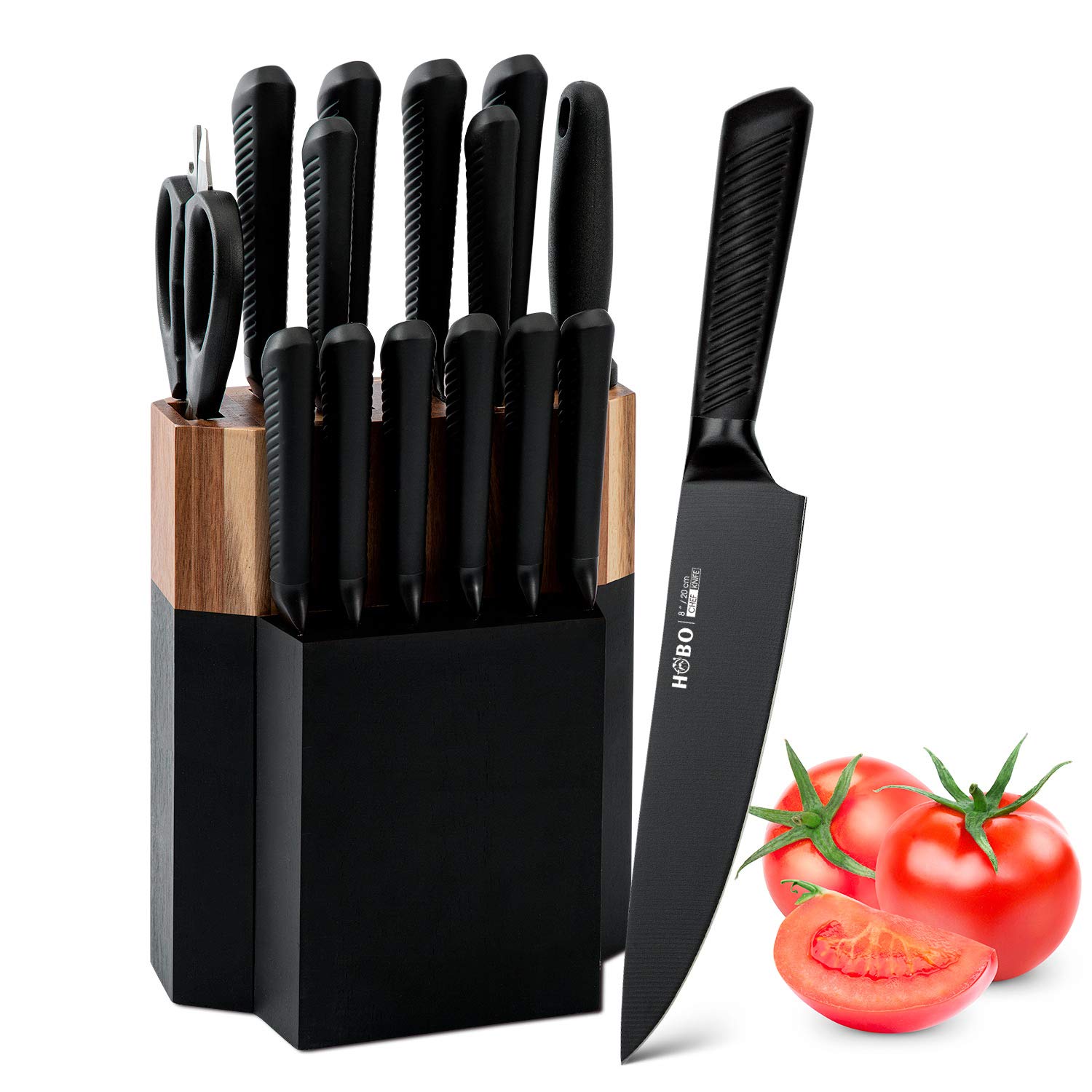 Knife Set, 14 Piece Kitchen Knife Set with Block, Chef Knife set with Sharpener, Serrated Steak Knives, High Carbon Stainless Steel Knife Sets Bread Knife Cooking Knives Sets (Senior Silver)