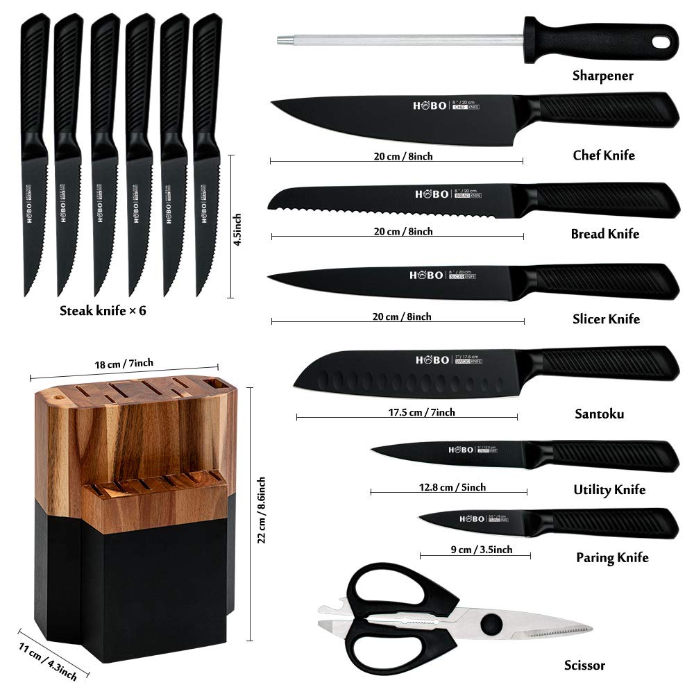 Knife Set, 14 Piece Kitchen Knife Set with Block, Chef Knife set with Sharpener, Serrated Steak Knives, High Carbon Stainless Steel Knife Sets Bread Knife Cooking Knives Sets (Senior Silver)