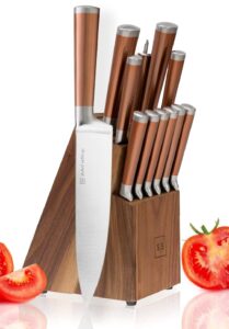 copper knife set with walnut knife block - premium 13 pc stainless steel knife sets for kitchen with block - rose gold knife set with block, rose gold kitchen accessories & copper kitchen accessories