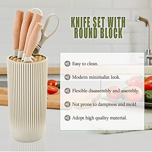 FTNESGYM Kitchen Knife Set, 6-Piece Khaki Cooking Knife Set with Star Grain Blade, Sharp Stainless Steel Chef Knife Set Contains Round Knife Storage, Knives, Scissors for Home Kitchen (Khaki)