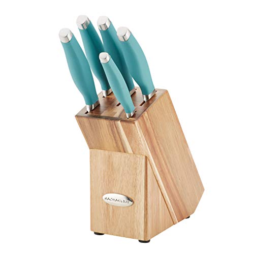 Rachael Ray Cucina Japanese Stainless Steel Knife Kitchen Cutlery Wooden Block Set, 6 Piece, Agave Blue