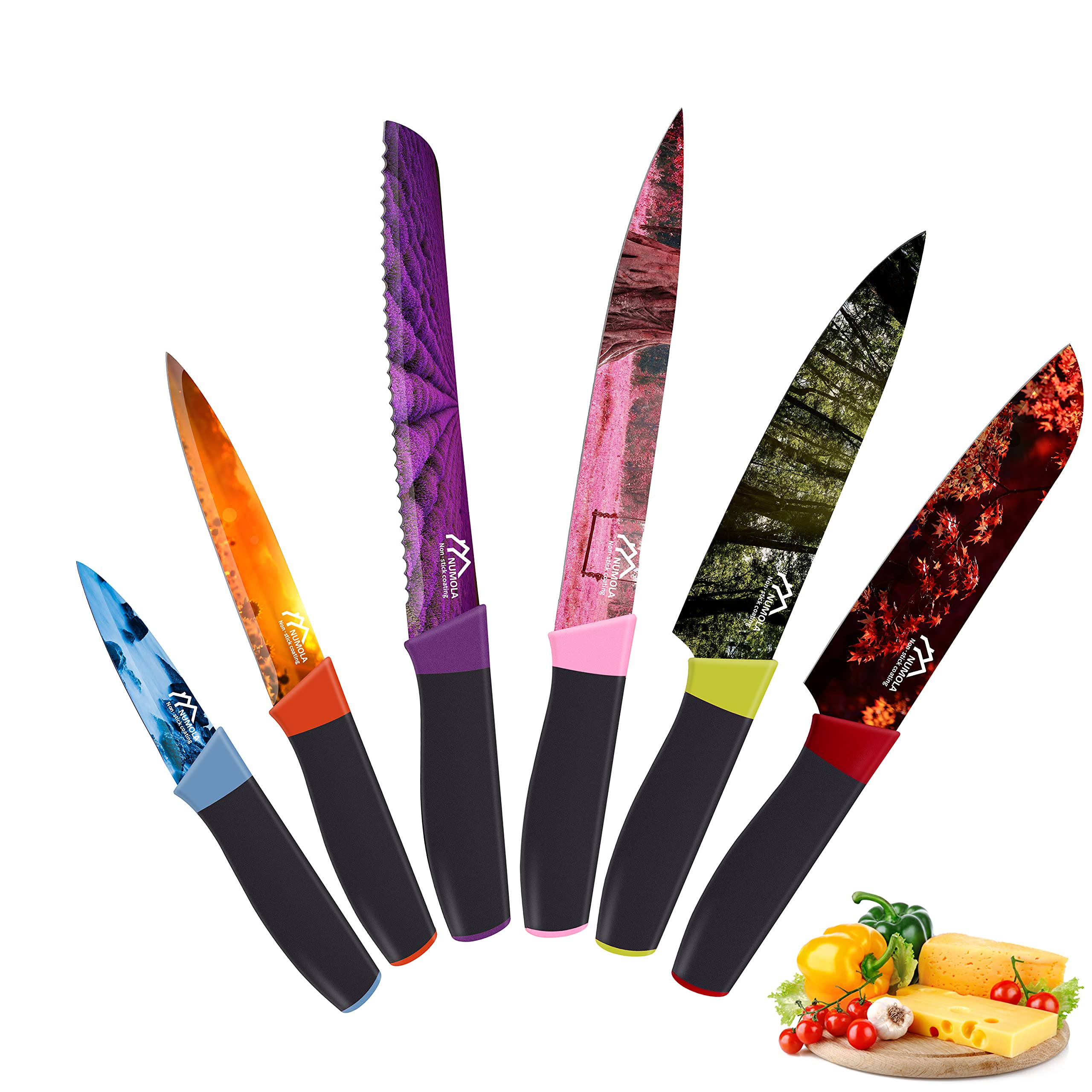 Numola Colorful Kitchen Knife Set with Gift Box, Stainless Steel Chef Knife Set with Ergonomic Handle, 6 Piece Colored Cooking Knives with Landscape Coating Gifts for Couple Chefs